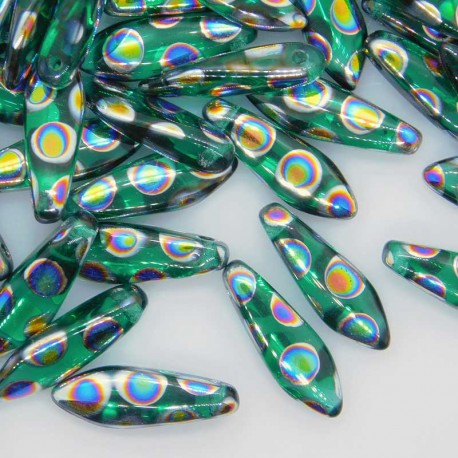 Czech Glass Etched Daggers 5mm x 16mm Emerald Vitrail Dots | Beads Ireland